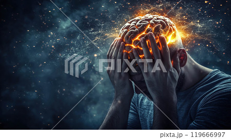A man is depicted with his hands clutching his...のイラスト素材 [119666997 ...