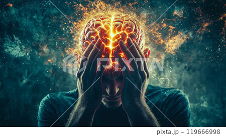 A man is depicted with his hands clutching his...のイラスト素材 [119666998 ...