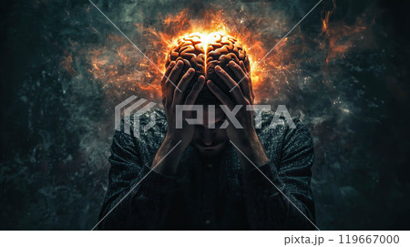 A man is depicted with his hands clutching his...のイラスト素材 [119667000 ...