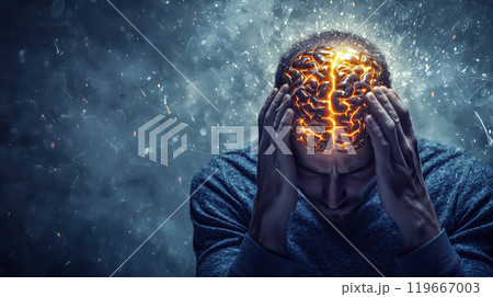 A man is depicted with his hands clutching his...のイラスト素材 [119667003 ...