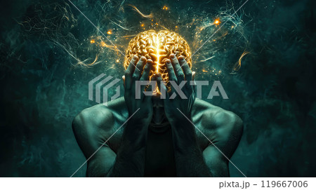 A man is depicted with his hands clutching his...のイラスト素材 [119667006 ...