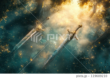 Two swords are flying through the air in a forestのイラスト素材 [119689210 ...