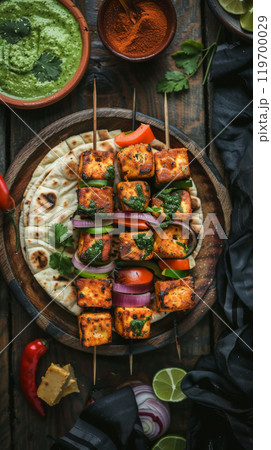 Variety of Indian paneer tikka rolls with...のイラスト素材 [119700029] - PIXTA
