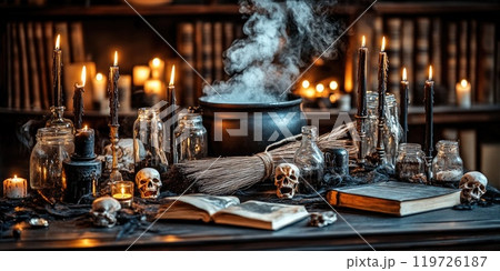 Enchanting halloween witchs lair with broom,...のイラスト素材 [119726187] - PIXTA