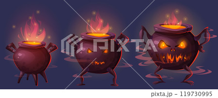 Spooky Halloween cauldron transform into monsterのイラスト素材 [119730995] - PIXTA