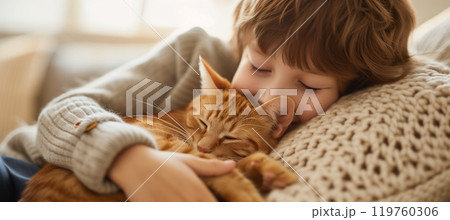Happy little boy cuddling beloved orange tabby...のイラスト素材 [119760306 ...