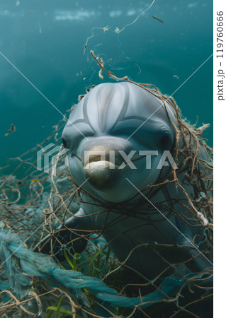 Dolphin trapped in fishing net reflects human...のイラスト素材 [119760666] - PIXTA