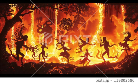 Silhouettes of mythical fire beings dance near...のイラスト素材 [119802586 ...