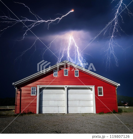 Dramatic lightning strikes illuminate a red...のイラスト素材 [119807126] - PIXTA