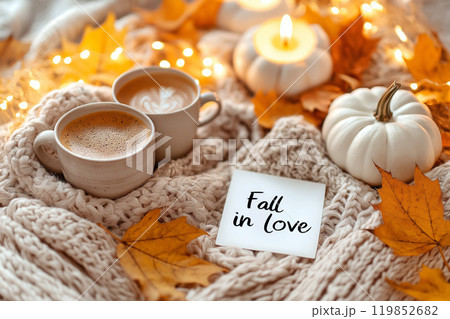 Fall in love text on autumn greeting card with...のイラスト素材 [119852682 ...