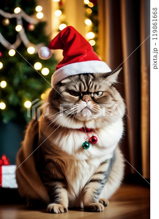 A grumpy fat cat wearing a festive Christmas...のイラスト素材 [119861668] - PIXTA