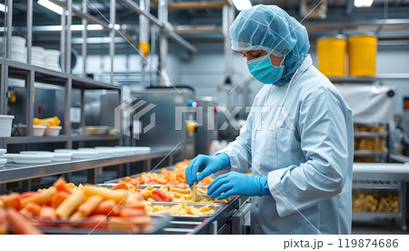 Food Processing Worker in Lab Coat and Glovesのイラスト素材 [119874686] - PIXTA