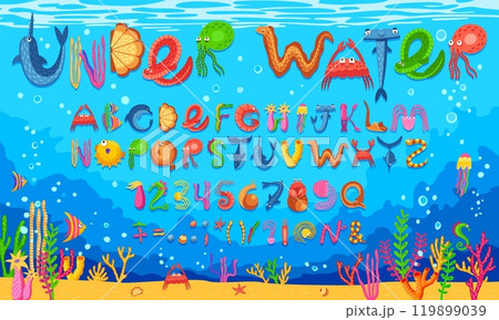 Cartoon sea animal font, marine alphabet, ocean...のイラスト素材 [119899039 ...