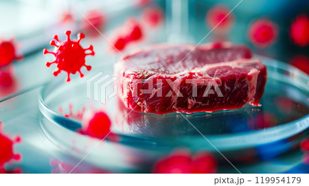 Raw meat with virus particles: concept of food...のイラスト素材 [119954179 ...
