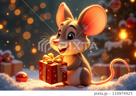 Animated mouse holding a gift.のイラスト素材 [119974925] - PIXTA