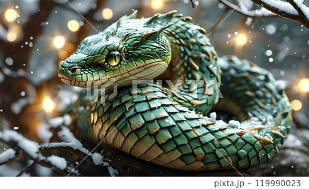 A colorful green serpent curled around a snowy...のイラスト素材 [119990023 ...