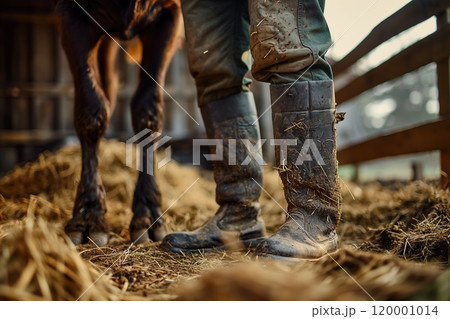 A man in boots stands in the barn on a haystack.のイラスト素材 [120001014] - PIXTA