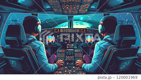 two pilots in plane cabin, airplane cockpit and...のイラスト素材 [120001969 ...