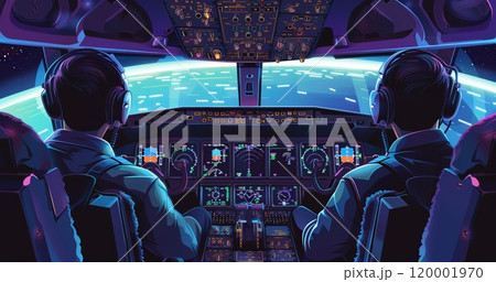 two pilots in plane cabin, airplane cockpit and...のイラスト素材 [120001970 ...