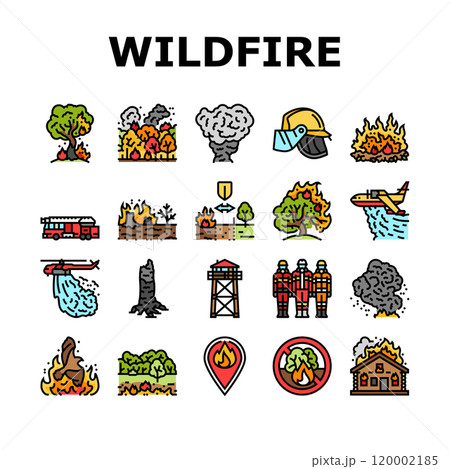 wildfire blaze firestorm burn icons set vectorのイラスト素材 [120002185] - PIXTA