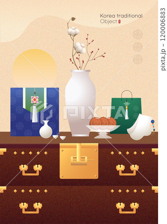 A chest of drawers with traditional Korean objectsのイラスト素材 [120006883 ...