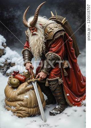 A man dressed as a viking with a sword in the snowのイラスト素材 [120018707 ...