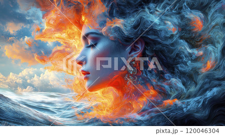 Woman emerging from ocean waves with fiery hairのイラスト素材 [120046304] - PIXTA