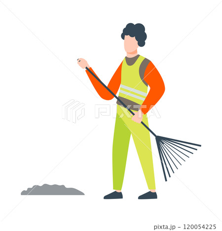 Man in uniform collecting garbage with rake in...のイラスト素材 [120054225 ...