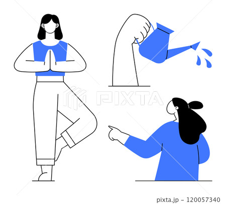 Woman stands in a yoga pose with hands together...のイラスト素材 [120057340 ...