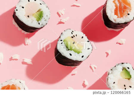 Delicious sushi rolls on a pink background with...のイラスト素材 [120066165 ...