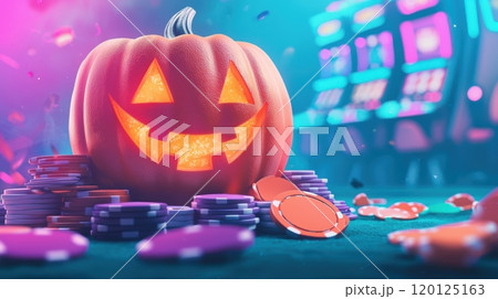 Spooky Halloween pumpkin with glowing face...のイラスト素材 [120125163] - PIXTA