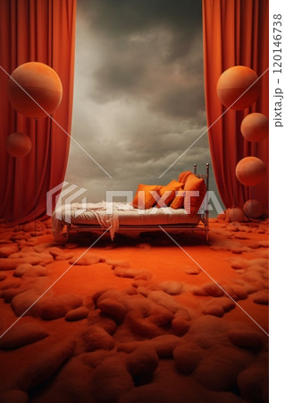 Surreal dreamscape: cozy bed amidst floating...のイラスト素材 [120146738] - PIXTA