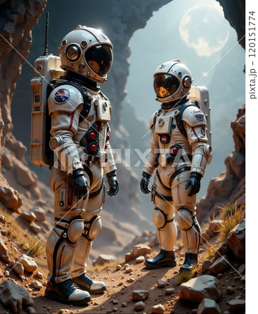 Futuristic astronauts exploring a rocky alien...のイラスト素材 [120151774] - PIXTA