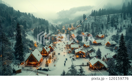 Charming winter village illuminated in the...のイラスト素材 [120159776] - PIXTA
