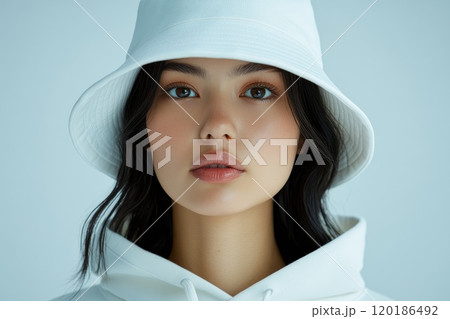 Fashion model wearing white bucket hat and...のイラスト素材 [120186492] - PIXTA