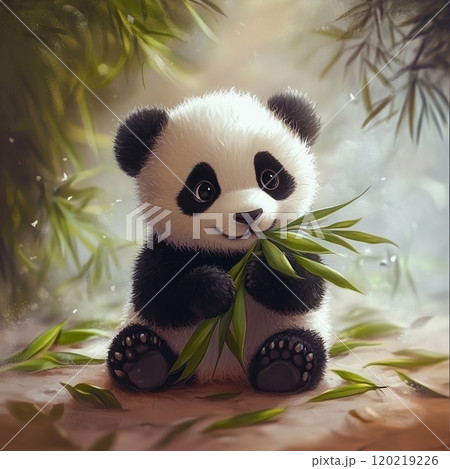 Adorable baby panda enjoying bamboo in lush forestのイラスト素材 [120219226] - PIXTA