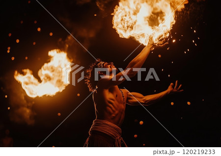 Fire performer holding fireball in night showのイラスト素材 [120219233] - PIXTA