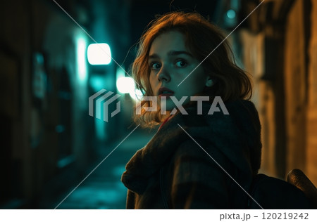 Young woman feeling scared walking alone in a...のイラスト素材 [120219242] - PIXTA