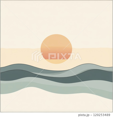 Delicate waves ripple under a soft sunrise,...のイラスト素材 [120253489] - PIXTA