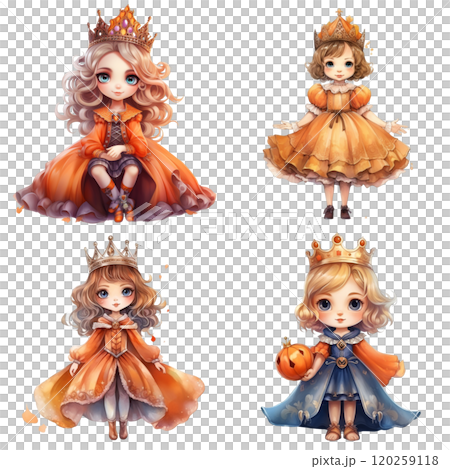 Four Adorable Cartoon Princesses in Orange and...のイラスト素材 [120259118 ...