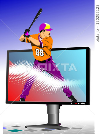 Baseball player hitting ball coming out of tv...のイラスト素材 [120295125] - PIXTA