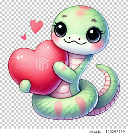 Cute cartoon snake holding a heart, symbolizing...のイラスト素材 [120297559 ...