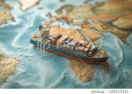Container ship model sailing on world map...のイラスト素材 [120313381] - PIXTA