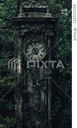 Old stone clock tower overgrown with vines in a...のイラスト素材 [120315258 ...