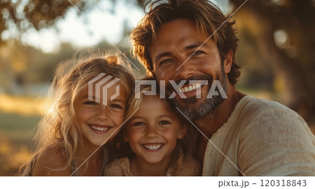 Three people share a happy moment in a sunlit...のイラスト素材 [120318843] - PIXTA