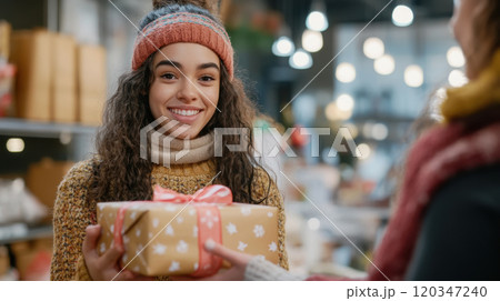 Winter holiday gift exchange: young woman...のイラスト素材 [120347240] - PIXTA