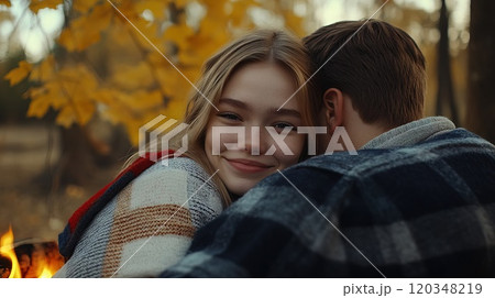 Happy couple communicating during autumn...のイラスト素材 [120348219] - PIXTA