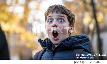 Surprised young boy reacting to monday blues in...のイラスト素材 [120350732 ...