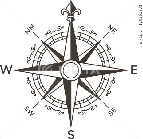 Compass rose with fleur de lis symbol pointing...のイラスト素材 [120391532 ...