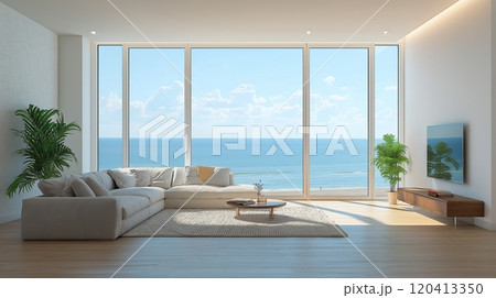 Interior with large window sea viewのイラスト素材 [120413350] - PIXTA